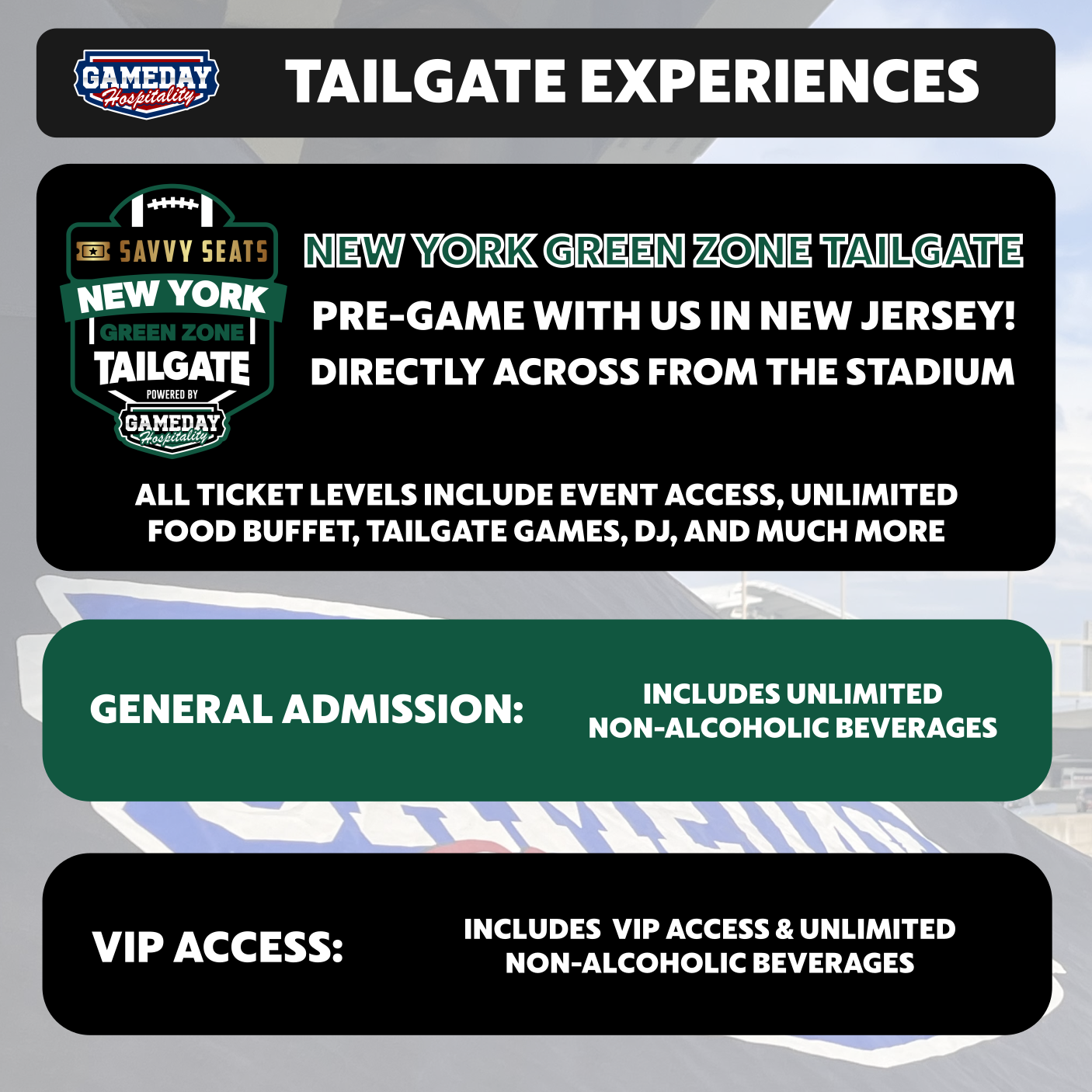 Jets Gameday Hospitality 2025 at New York Tailgate Zone at American ...